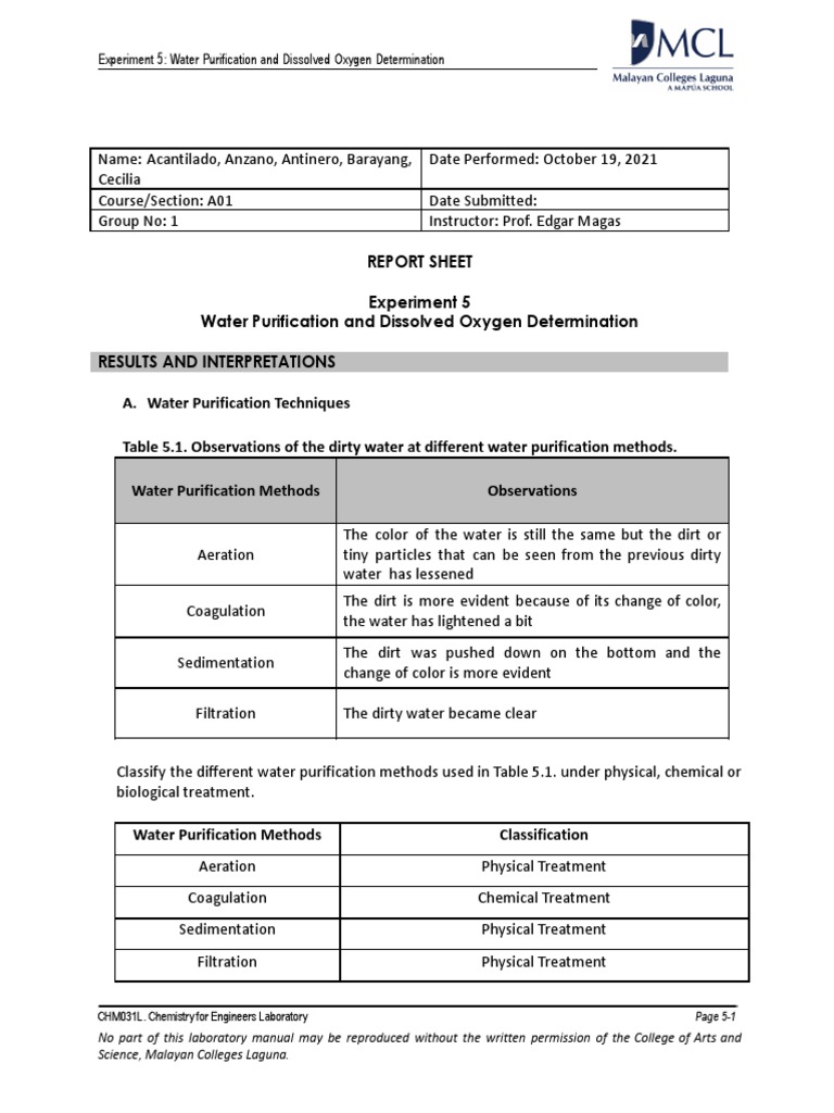 Experiment 5 - Data Sheet | PDF | Water Purification | Water