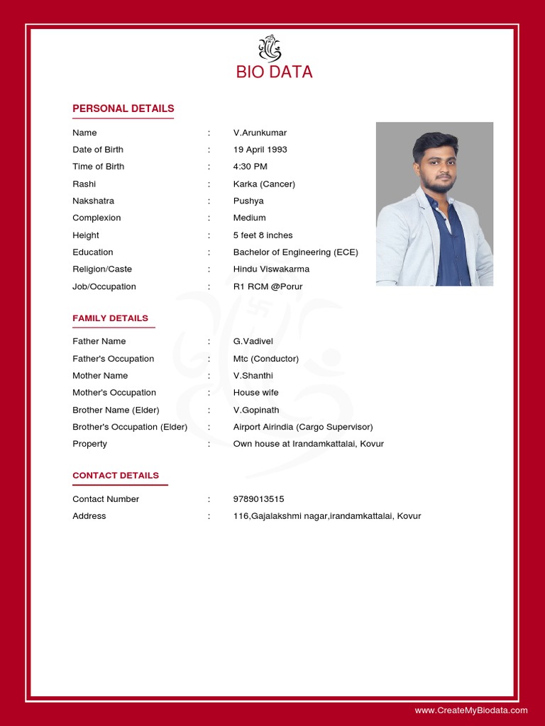 V.Arunkumar - Biodata (By Createmybiodata - Com) | PDF | Technical ...
