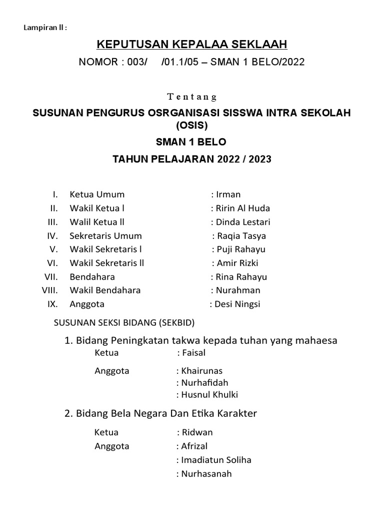 Susunan Pengurus Osis 2022 | PDF