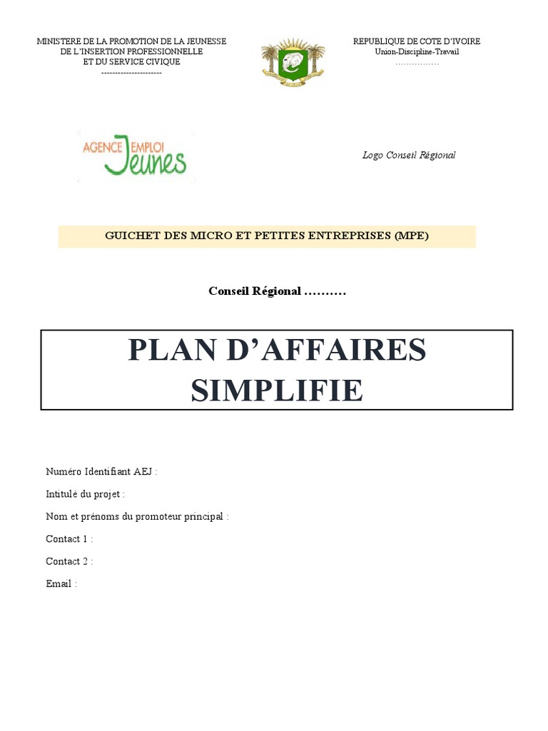 Plan D'Affaires Simplifie: Guichet Des Micro Et Petites Entreprises ...