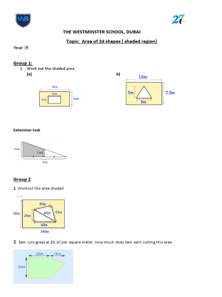 Year 8 - Area of The Shaded Region - Worksheet | PDF