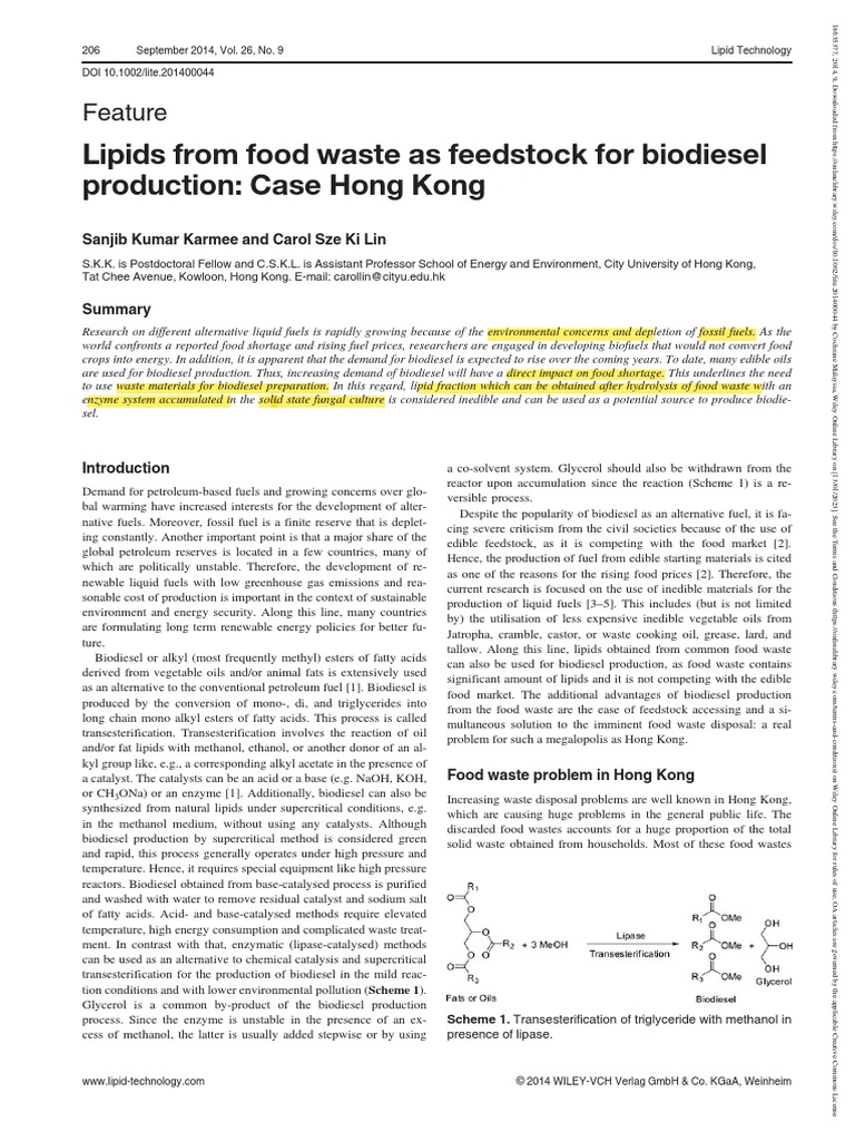 Lipid Technology - 2014 - Karmee - Lipids From Food Waste As Feedstock ...