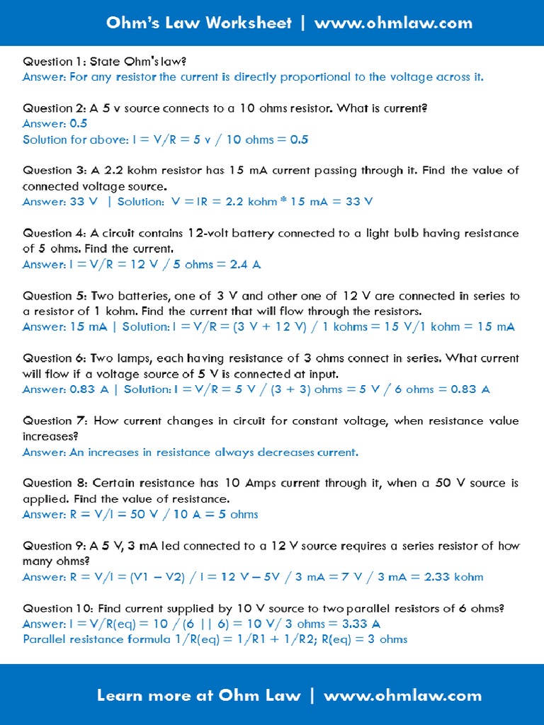 Ohms Law Practice Worksheet With Solution | PDF