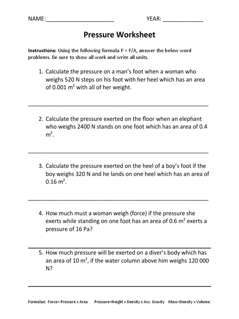 Pressure Worksheet | Download Free PDF | Pressure | Weight