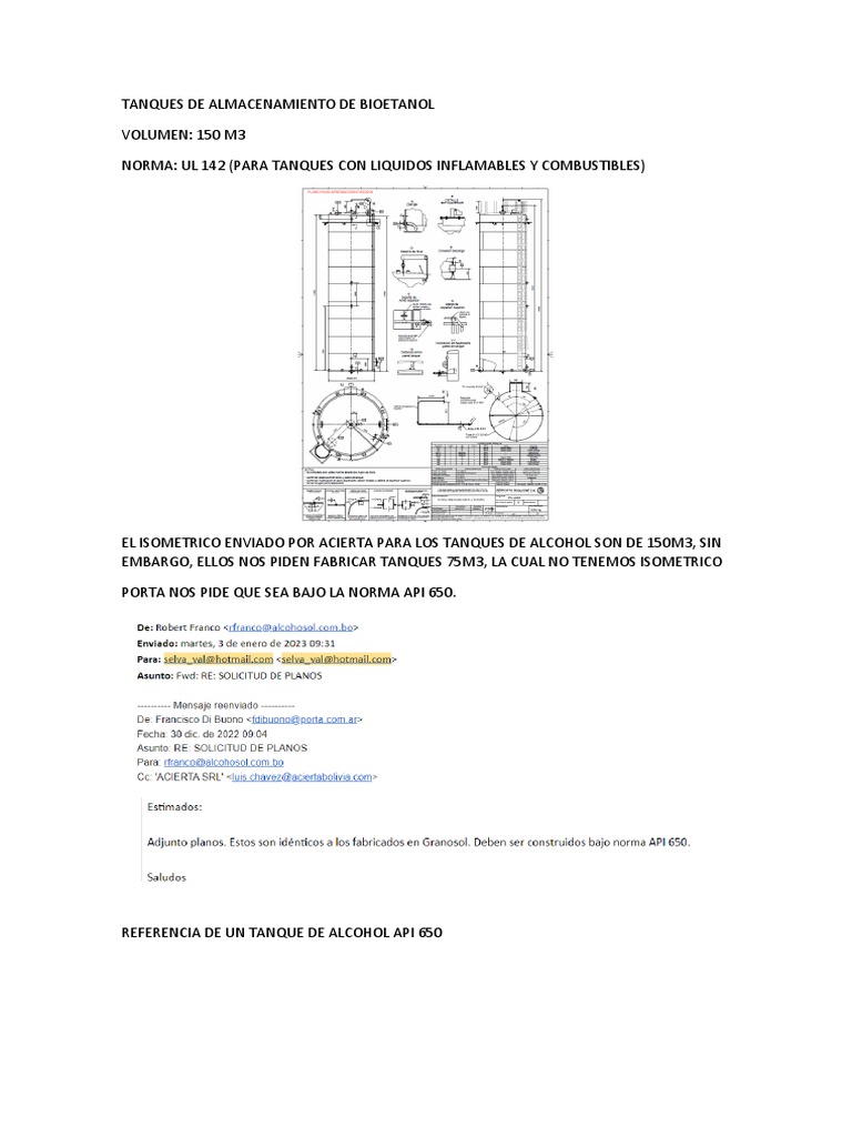 Solicitud de fabricación de tanques de bioetanol de 75m3 bajo la norma ...