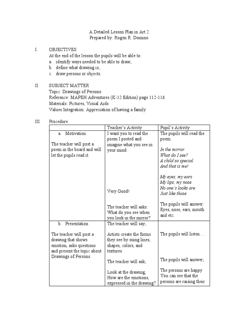 A Detailed Lesson Plan in Art 2 | PDF | Drawing | Cognition