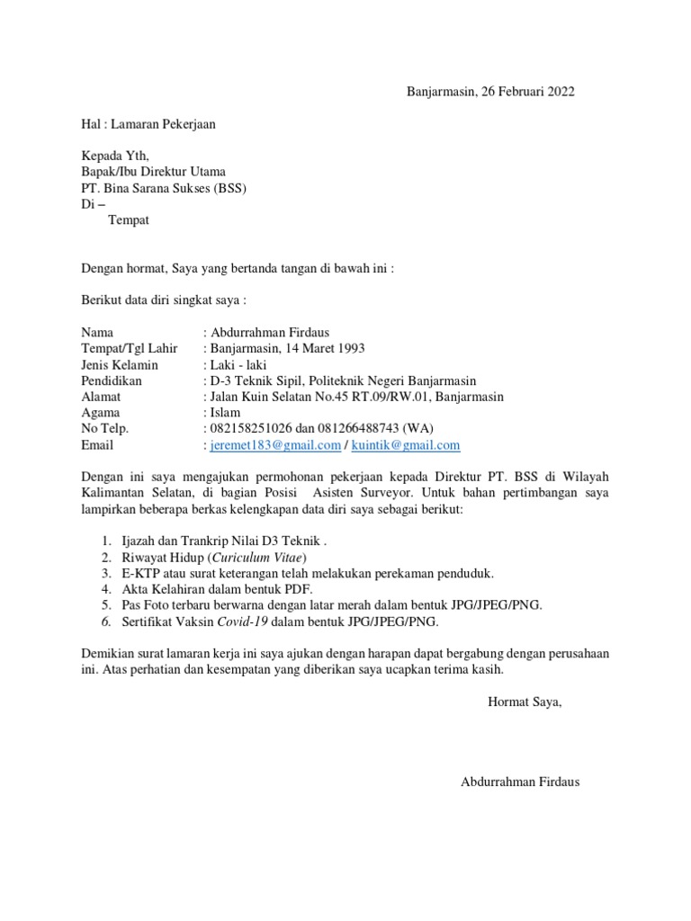 Surat Lamaran PT. BSS-Abdurrahman Firdaus | PDF