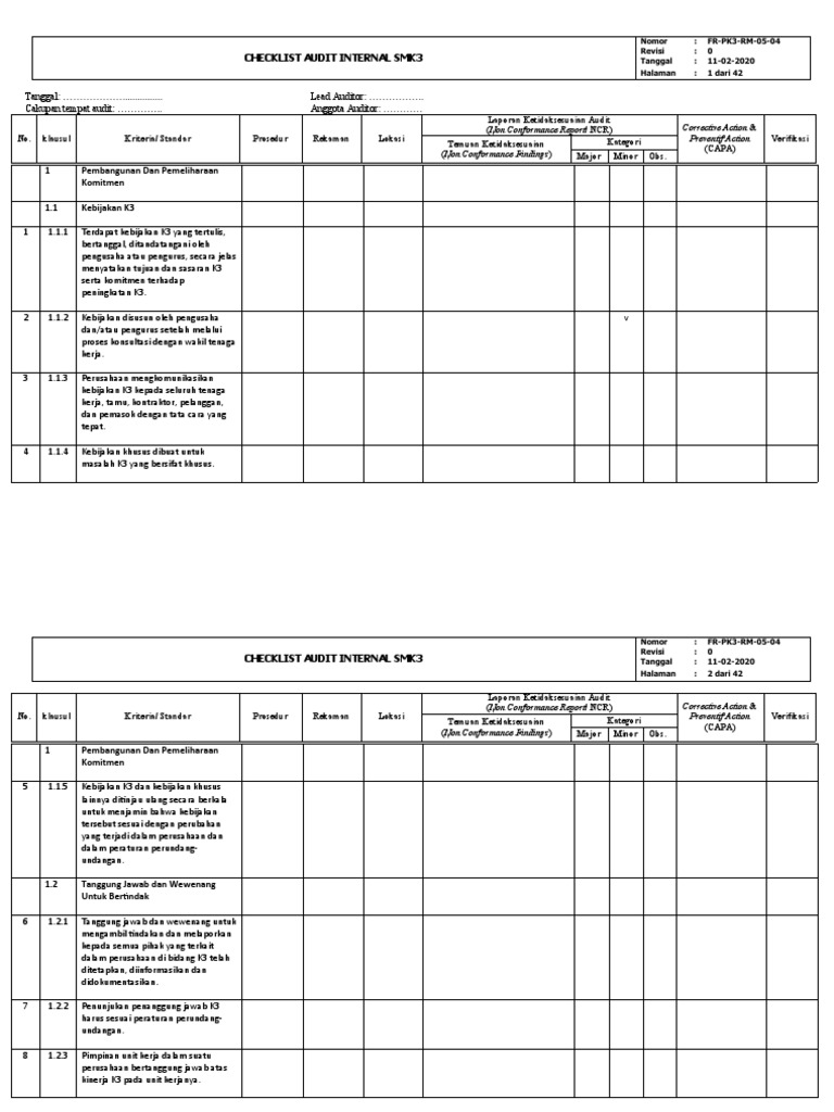 Internal Audit Checklist SMK3 PP 50-2012 (Untuk Latihan) | PDF