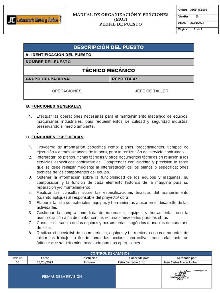 MOF - Perfil de Puesto - Tecnico Mecánico | PDF | Herramientas