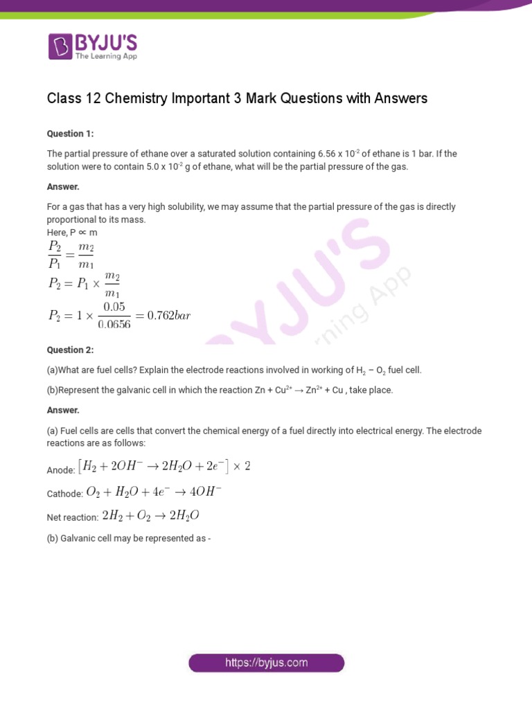 Class 12 Chemistry Important 3 Marks Questions With Answers PDF | PDF ...