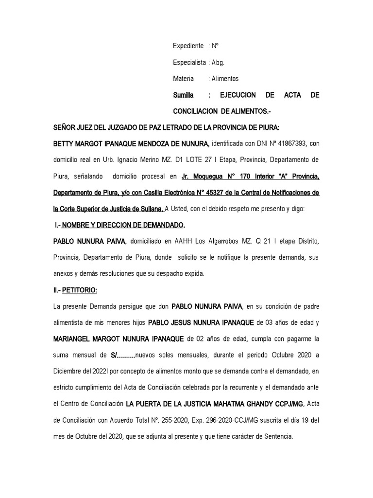 Demanda de Ejecucion de Acta de Conciliacion Dr. Hansen | PDF | Pensión alimenticia | Justicia