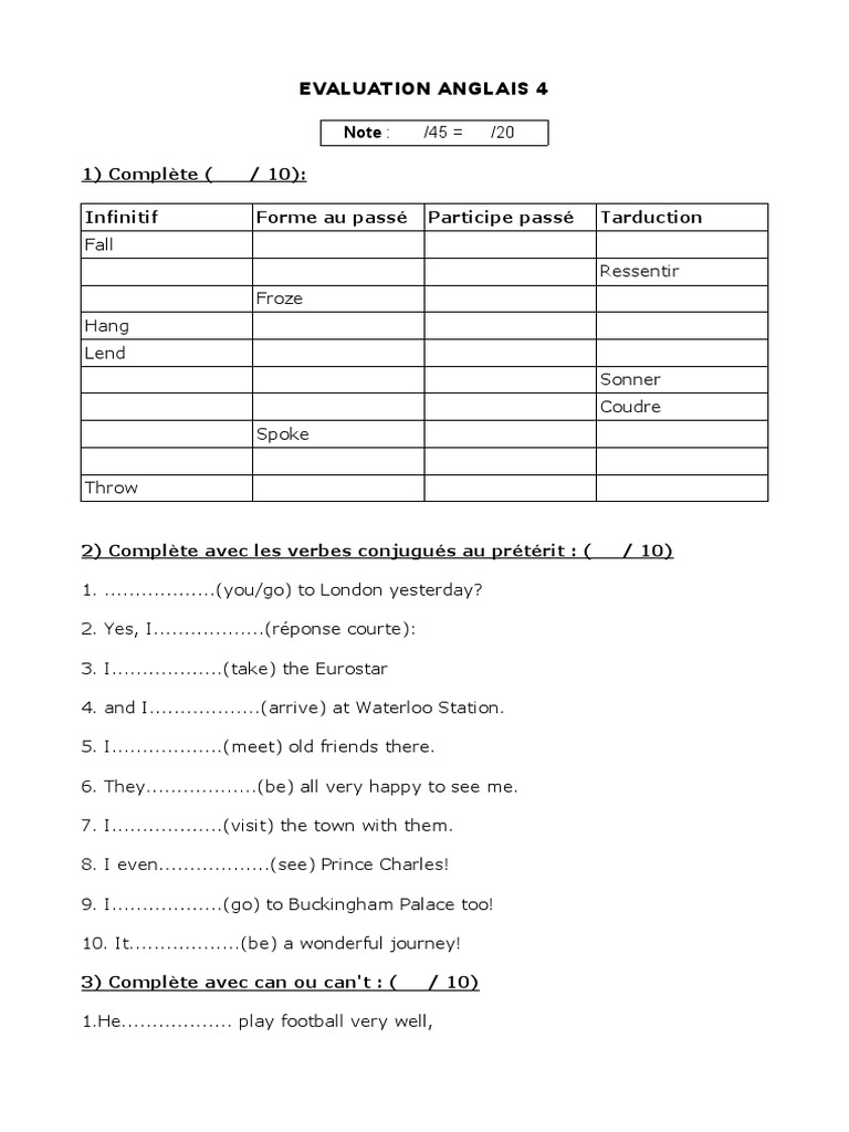 Eval Anglais 5ème | PDF