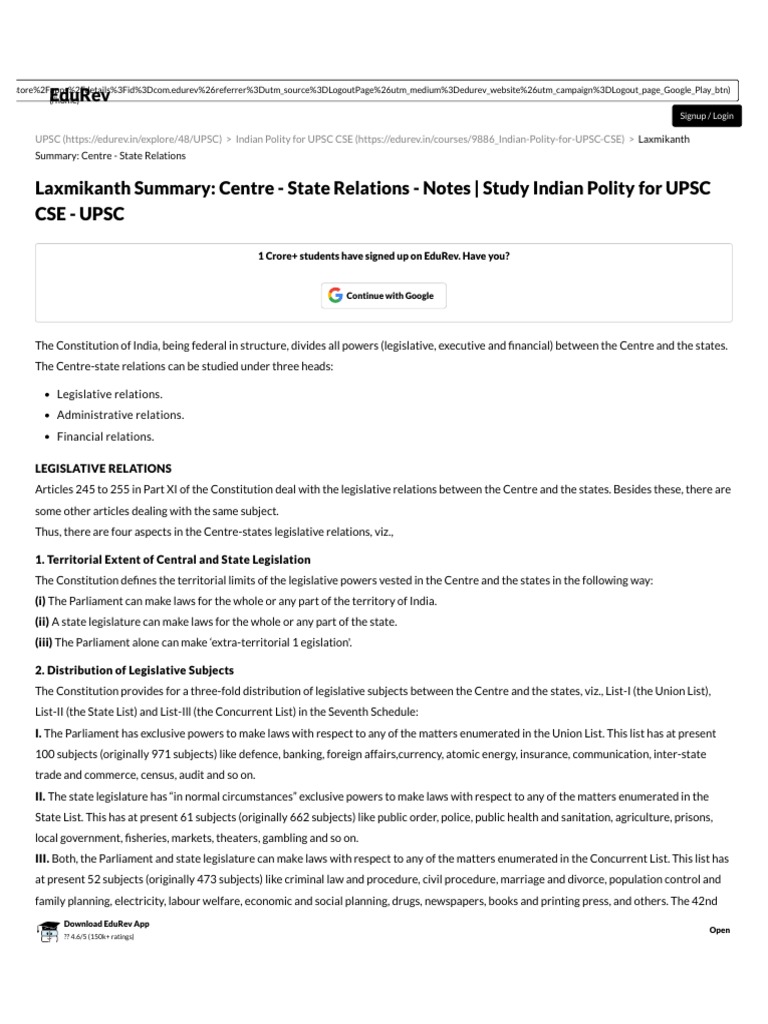 Centre State Relations | PDF | U.S. State | State Legislature (United ...