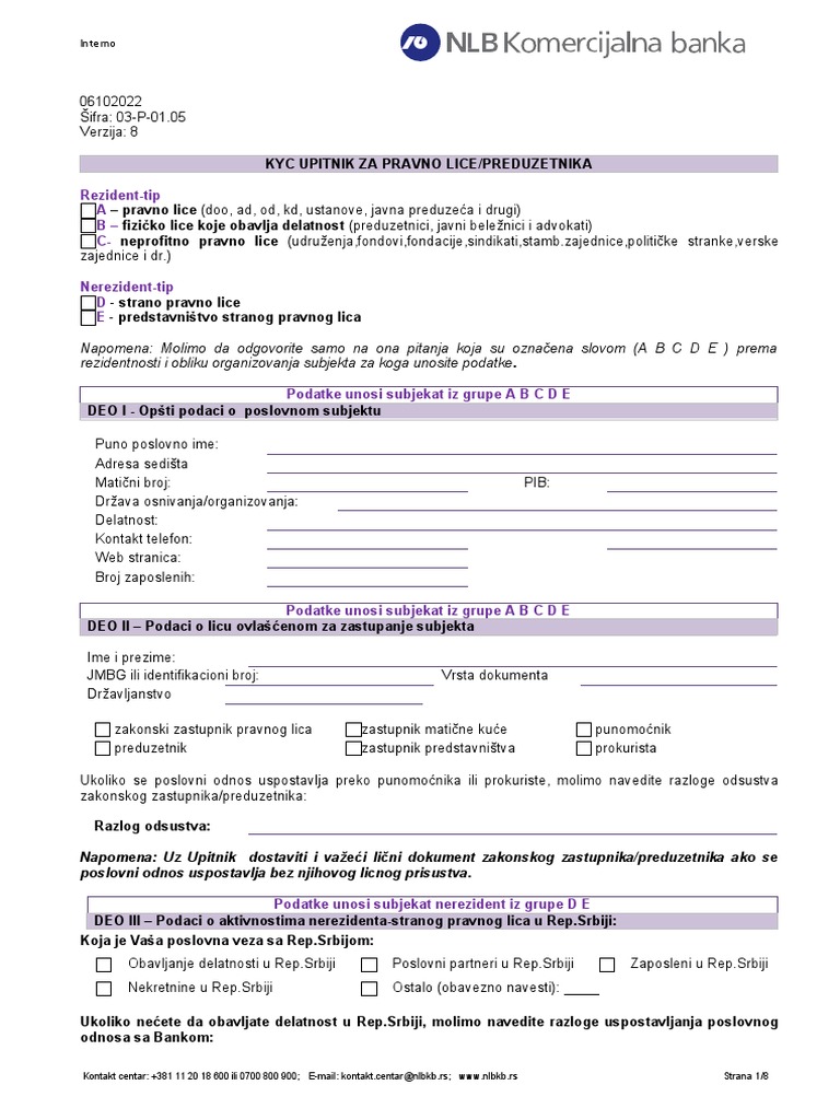 P 29 01 CB.10+KYC+Upitnik+Za+Pravno+Lice+ +preduzetnika | PDF