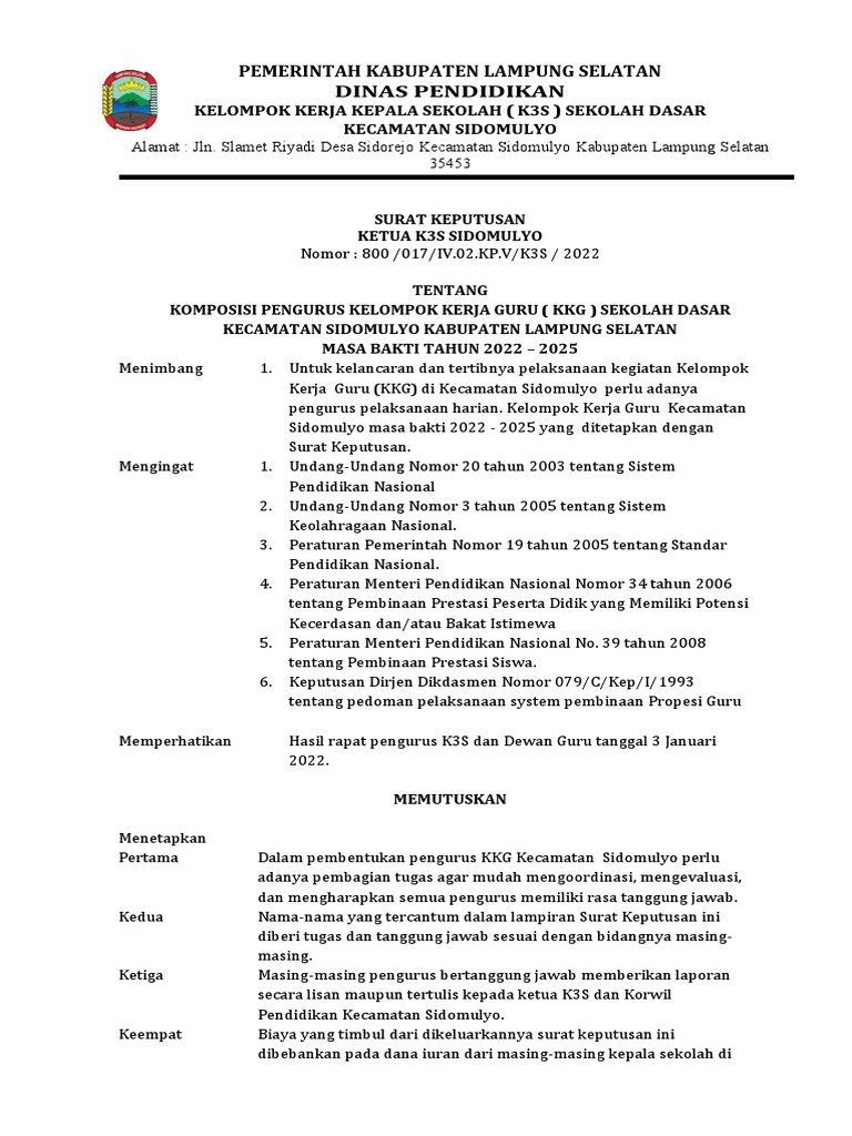 SK Pengurus KKG Kec. Sidomulyo Fix | PDF | Ilmu Sosial | Kesehatan Holistik