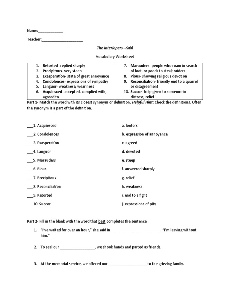The Interlopers Worksheets Voc + Reading Questions | PDF