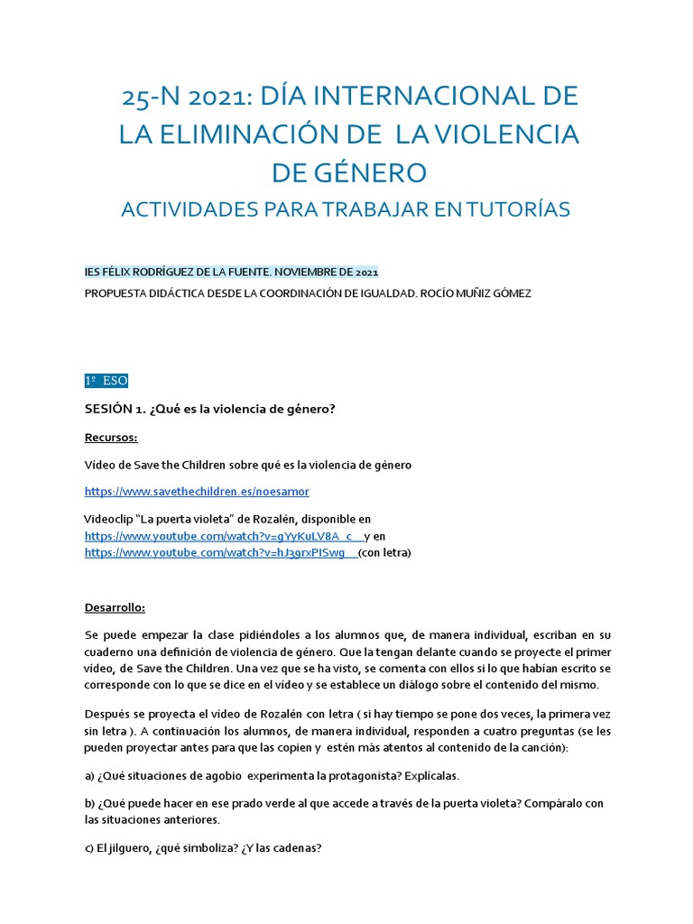 Actividades para Trabajar La Violencia de Género en Tutorías (Noviembre ...
