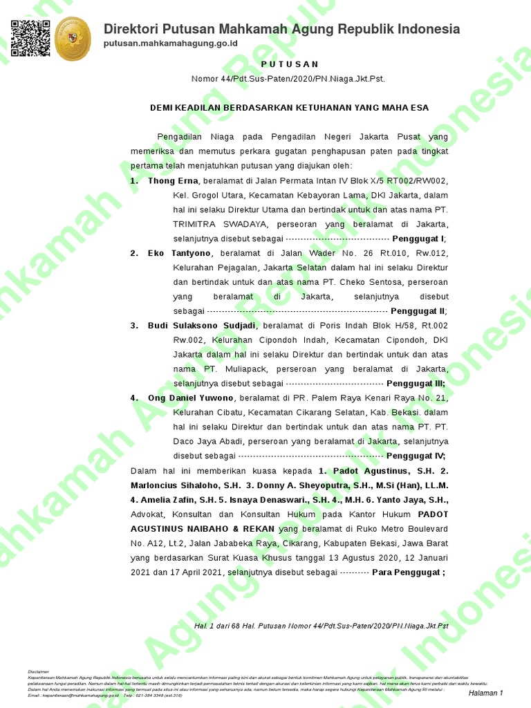 Putusan 44 PDT - Sus-Hki Paten 2020 PN JKT - PST 20221027090414 | PDF