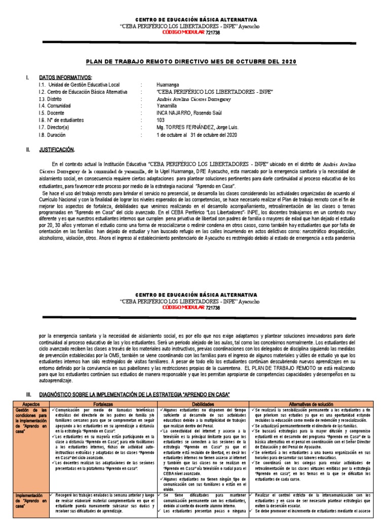 Plan Trabajo Remoto Octubre Prof Inca | PDF | Método de enseñanza | Maestros