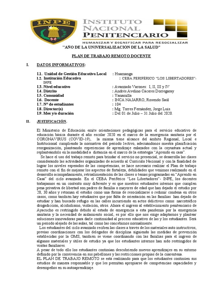 Plan Remoto Julio Inpe 2020-Matemática - Prof Inca | PDF | Método de enseñanza | Maestros