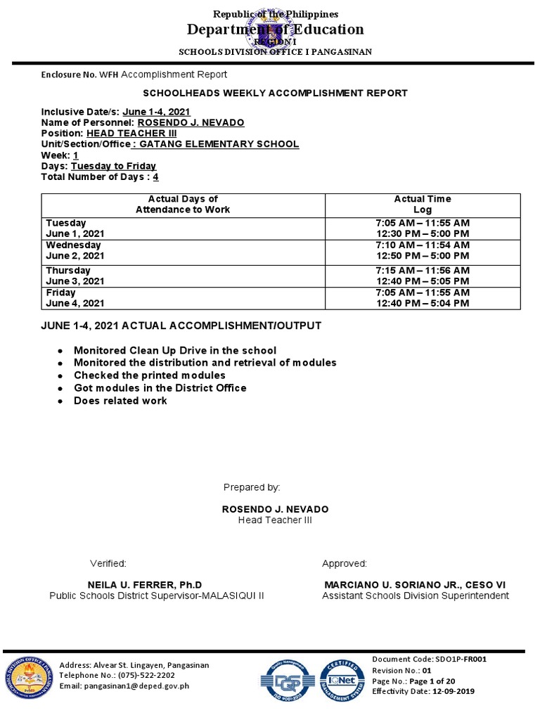School Heads Weekly Accomplishment Report Rosendo | PDF