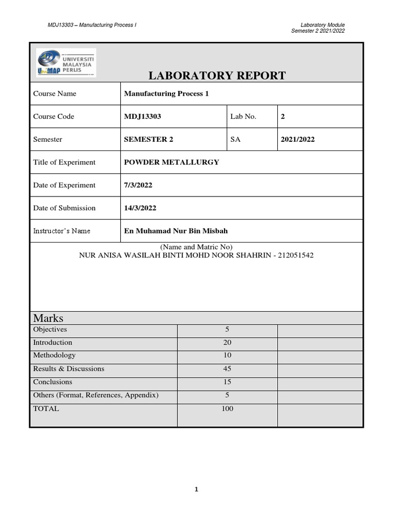 Powder Metallurgy Laboratory Report | PDF | Sintering | Chemical ...