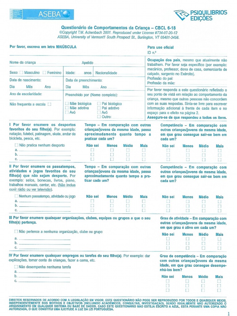 Questionário Comportamentos Crianças - Pais - CBCL 6-18 | PDF