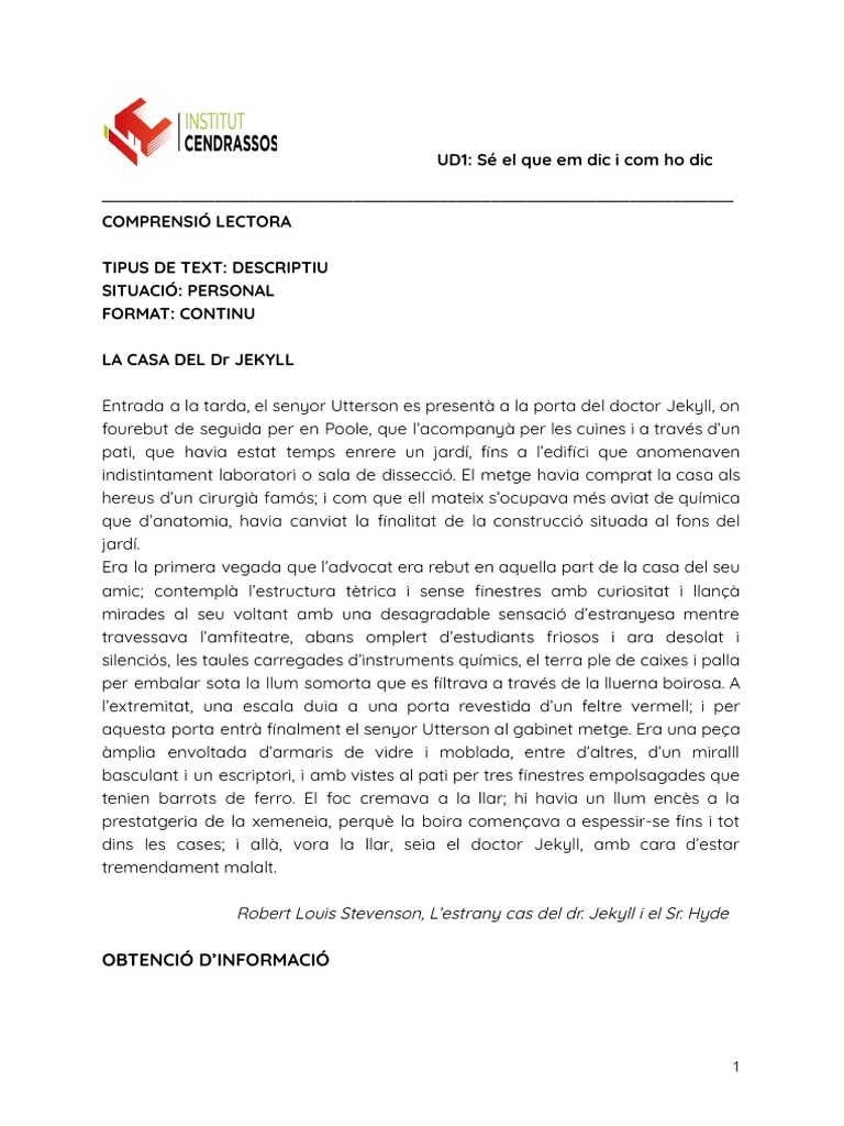 Comprensió Lectora UD1 | PDF