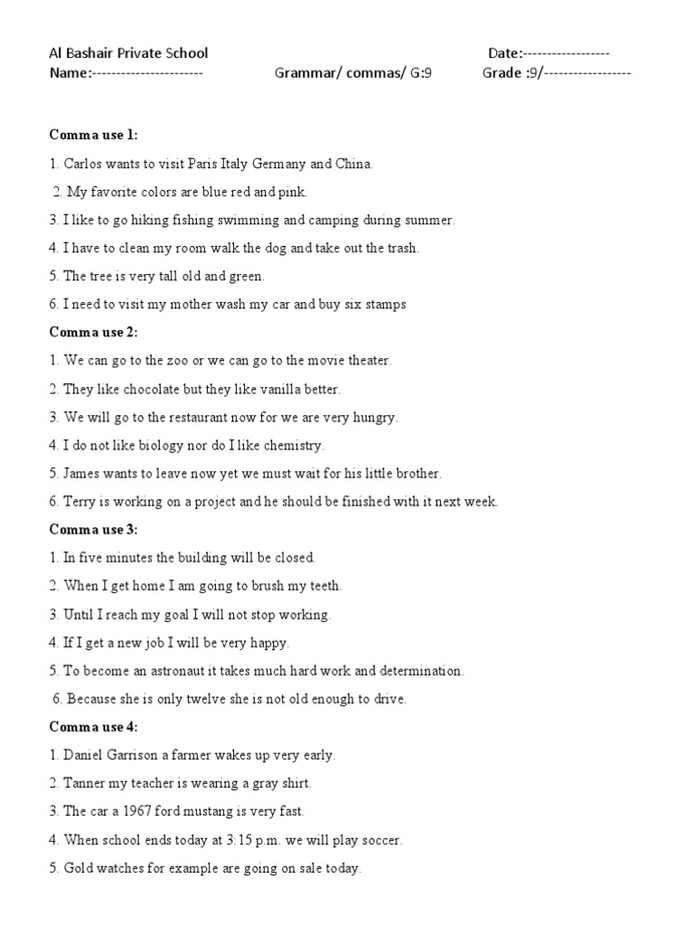 Commas Worksheet | PDF