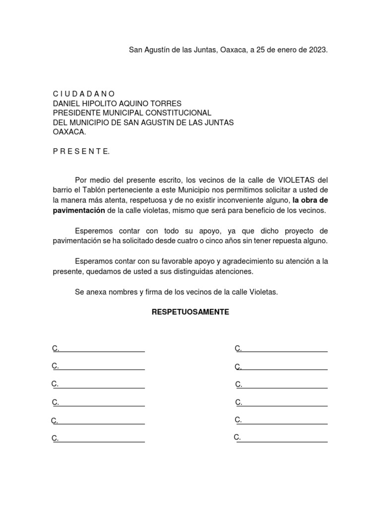 Solicitud de Pavimentación Calle Violetas | PDF