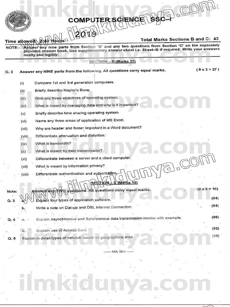 Past Paper 2019 Federal Board 9th Class Computer Science Subjective ...