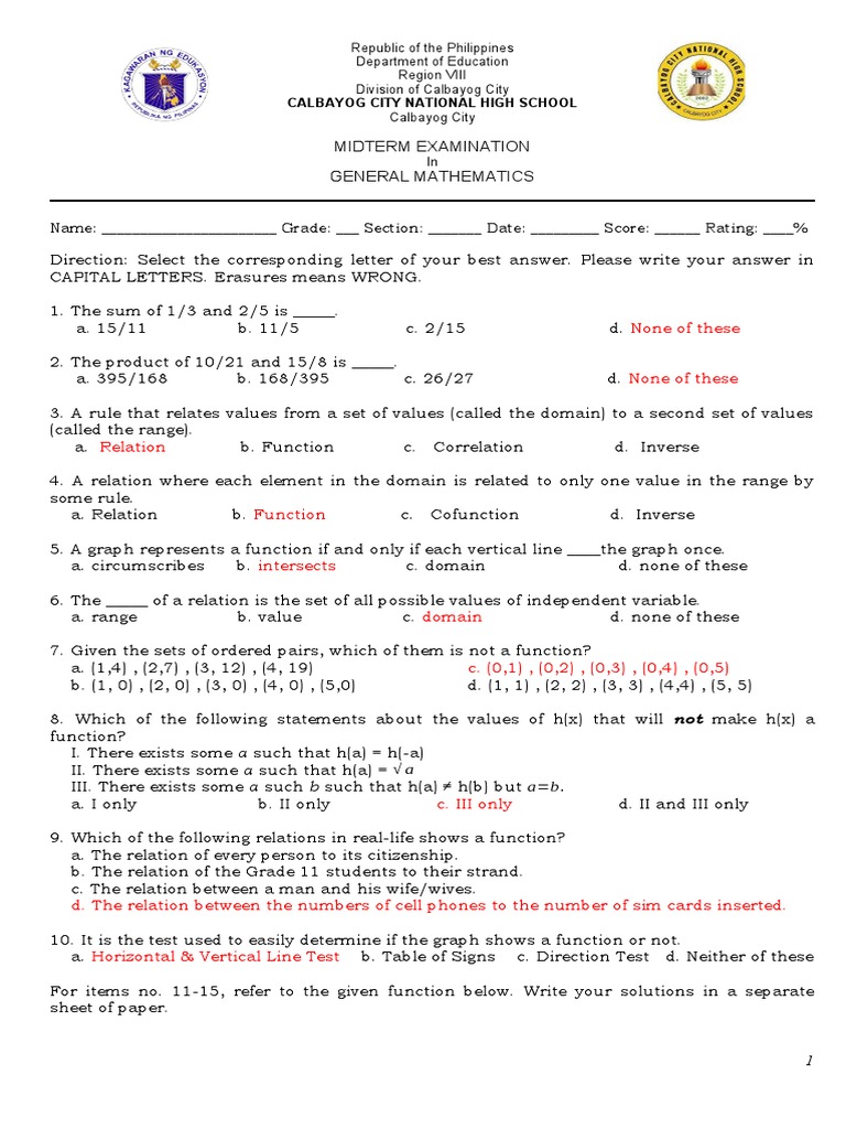 Midterm Exam in Gen Math Sy 2022 2023 | PDF | Function (Mathematics) | Equations