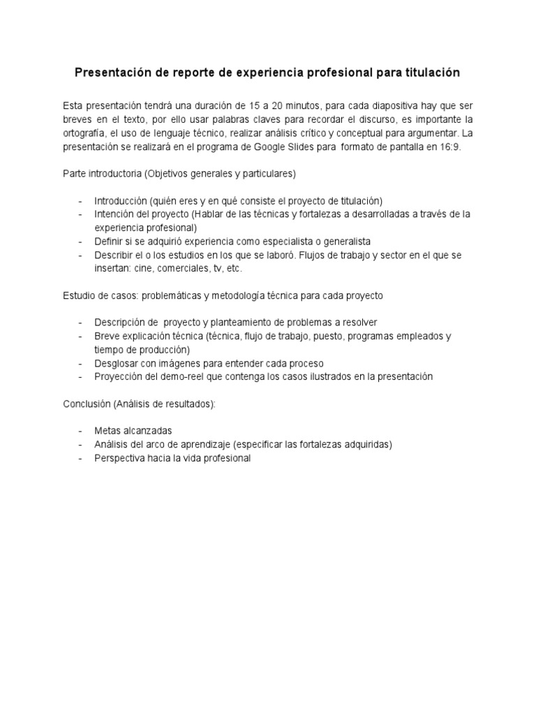 Presentación de Reporte de Experiencia Profesional para Titulación | PDF