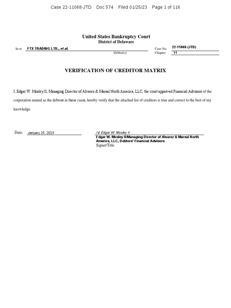 Verification of Creditor Matrix: United States Bankruptcy Court | PDF ...