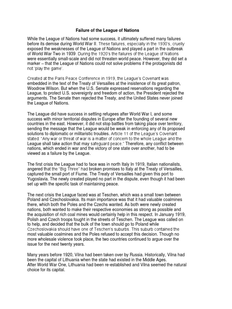 D Failure of The League of Nations | PDF | League Of Nations | Treaty ...