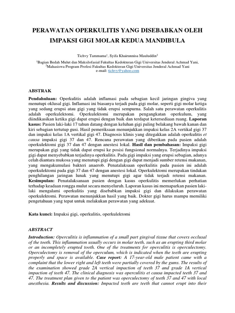 Perawatan Operkulitis Yang Disebabkan Oleh Impaksi Gigi Molar Kedua Mandibula | PDF