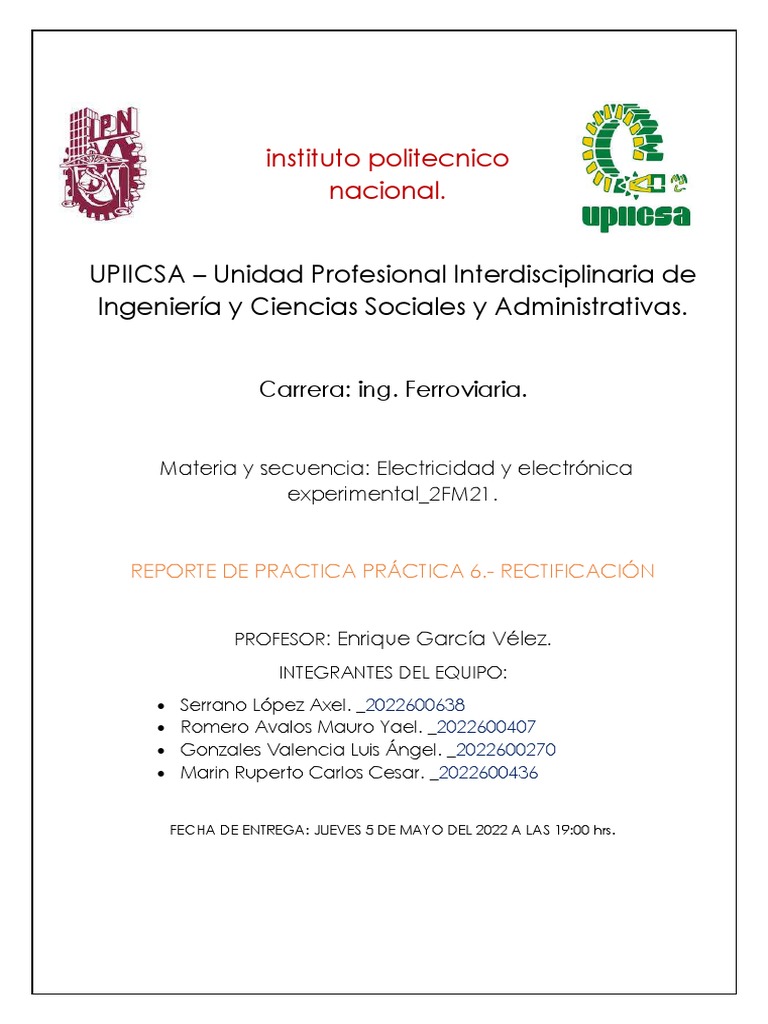 REPORTE 6 - Rectifi - EQUIPO 3 | PDF | Rectificador | Diodo