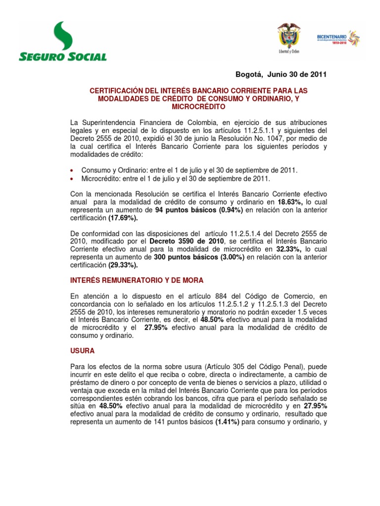 Certificación del Interés Bancario Corriente para modalidades de ...