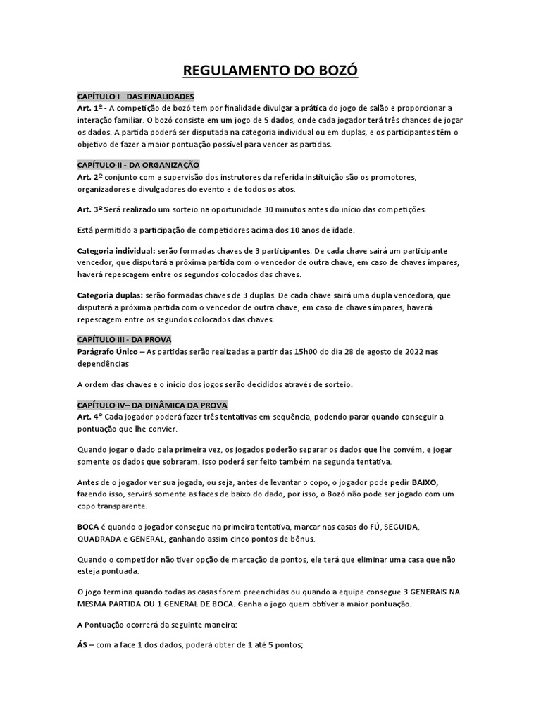 Regulamento Jogo Bozó | PDF