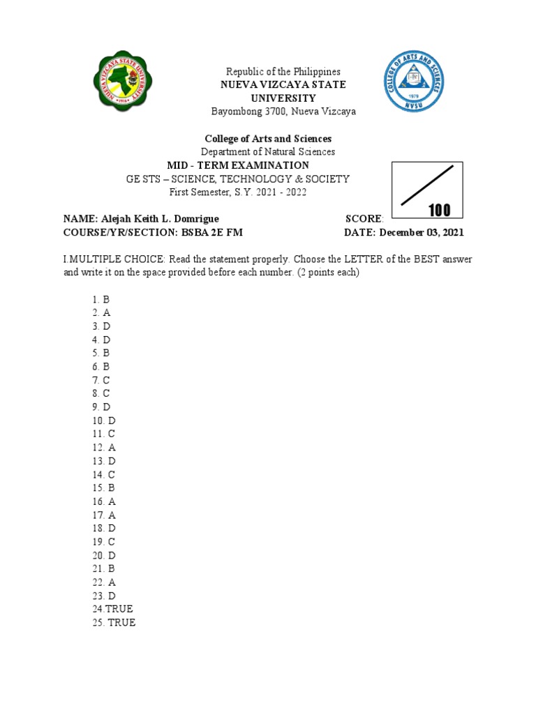 Mid-Term Exam: Science, Technology & Society | PDF