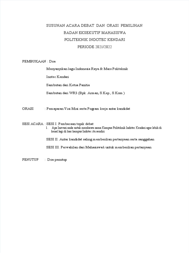 PDF Susunan Acara Debat Dan Orasi Pemilihan Bem | PDF