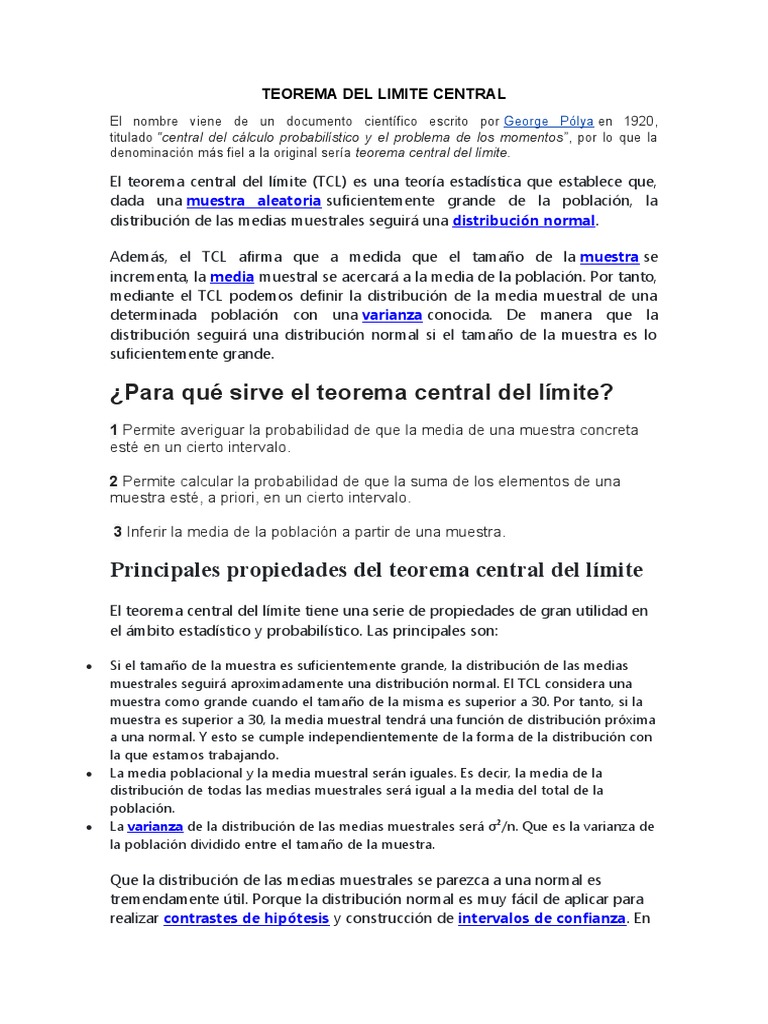 Teorema Del Limite Central | PDF | Muestreo (Estadísticas) | Media Teorema Del Limite Central | PDF | Muestreo (Estadísticas) | Media