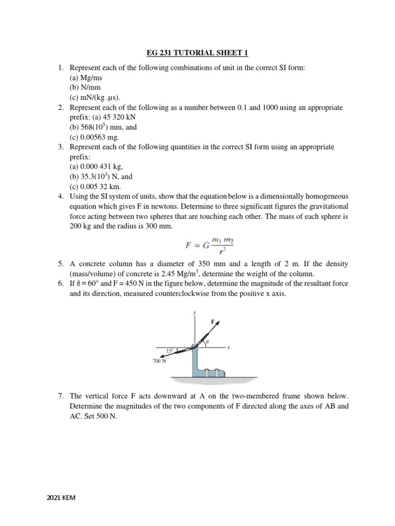 2021 KEM EG 231 Tutorial Sheet 1 | PDF | Euclidean Vector | Cartesian ...
