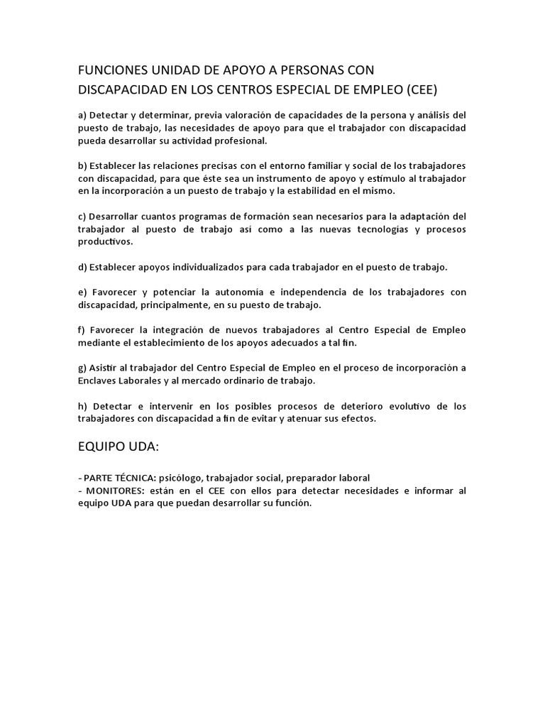 Funciones UDA en Centros Especiales de Empleo | PDF | Invalidez ...