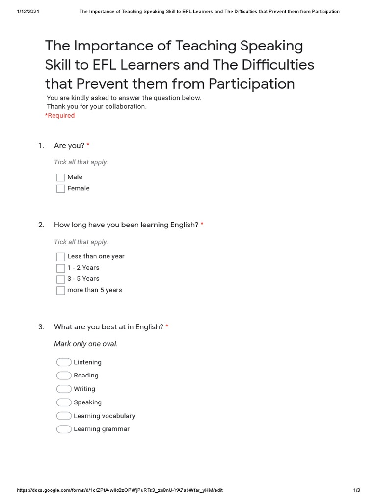Questionnaire - Google Forms Teaching Speaking | PDF | English As A ...