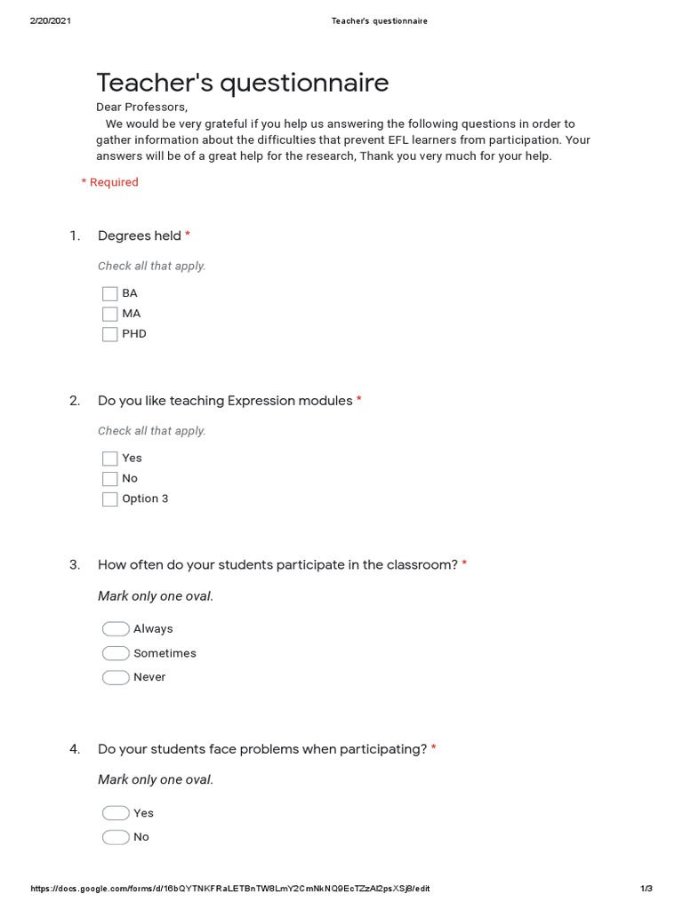 Teacher Questionnaire on EFL Participation | PDF | Teachers | English ...