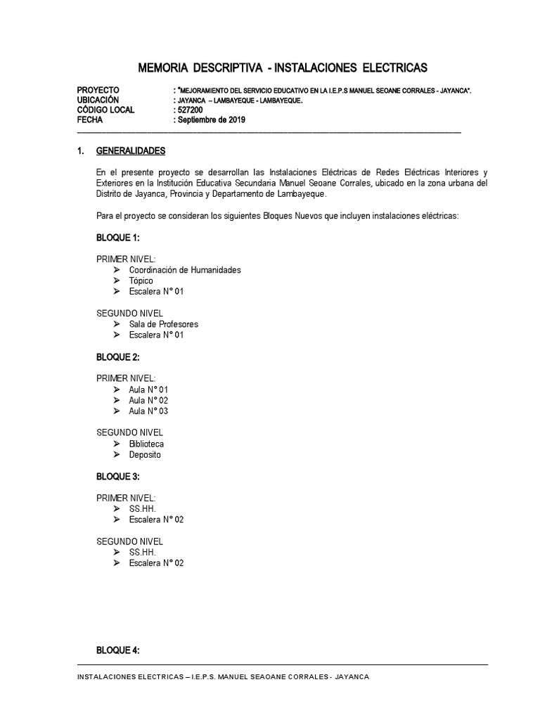 Memoria Descriptiva - Instalaciones Electricas | PDF | Ingenieria Eléctrica | Bombilla incandescente