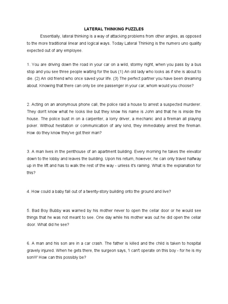 Lateral Thinking Puzzles | PDF | Elevator | Violence