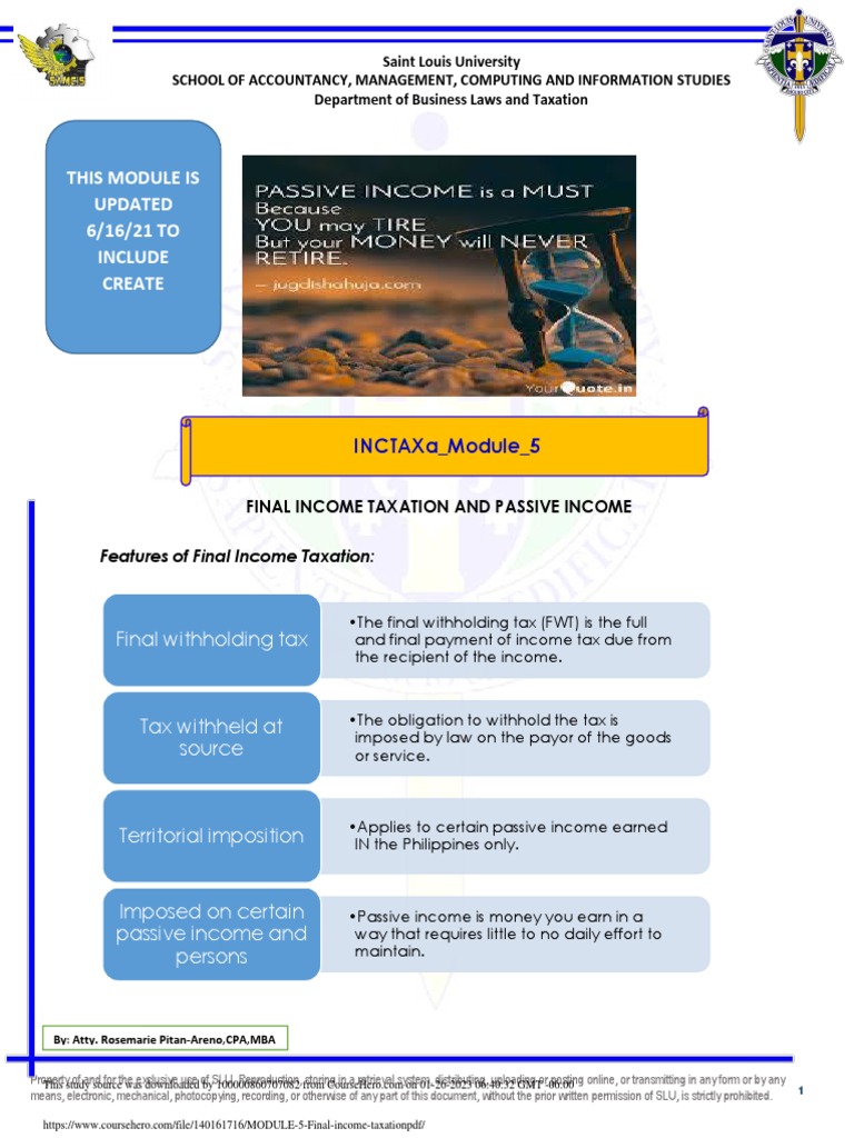 MODULE 5 Final Income Taxation PDF | PDF | Taxes | Dividend