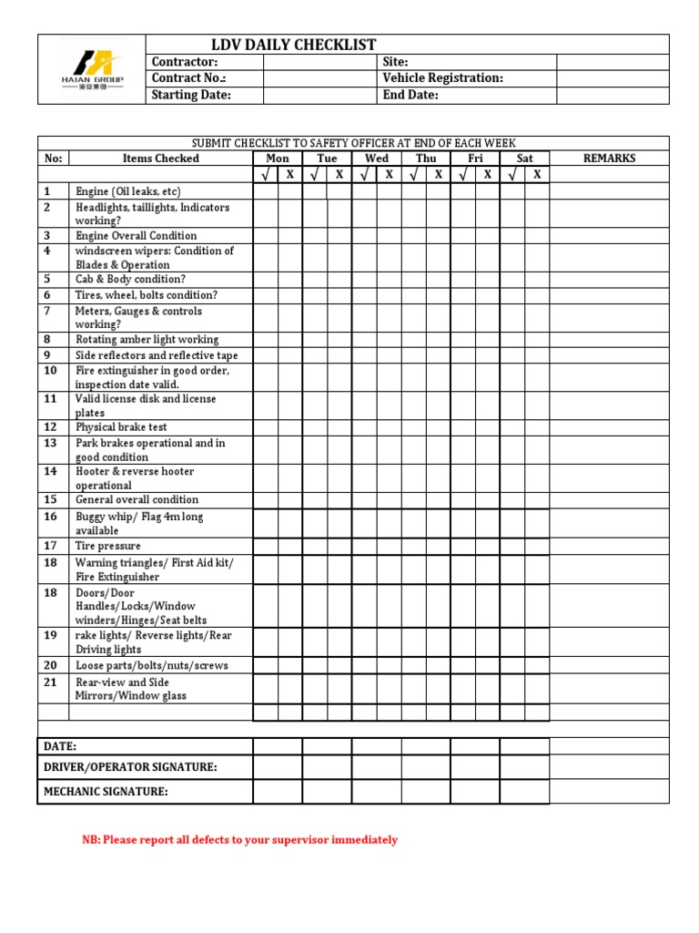 LDV - Pre - Start Checklist | PDF
